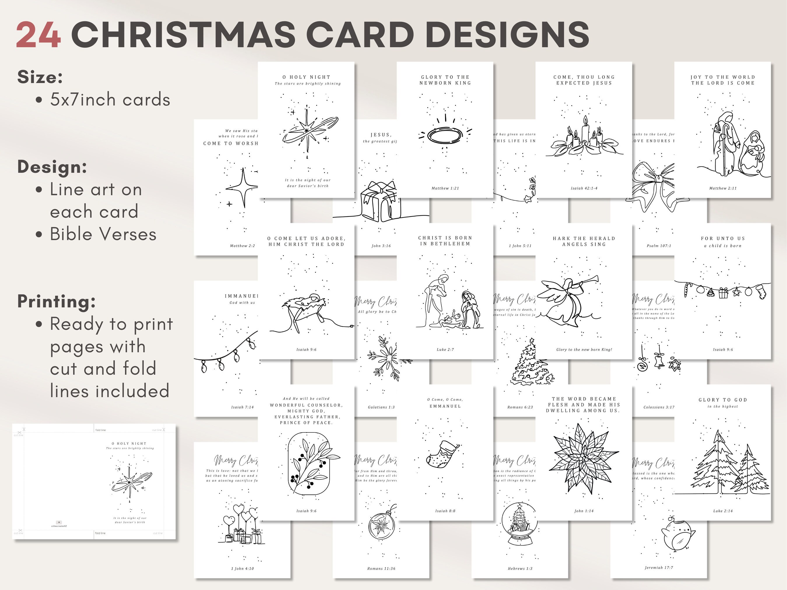 Christian Christmas Cards & Gift Tags Printable | Modern Line Art ...