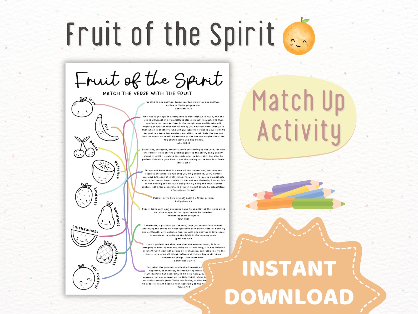 Fruit of the Spirit Activity Match up Bible Verses | Christian Coloring ...