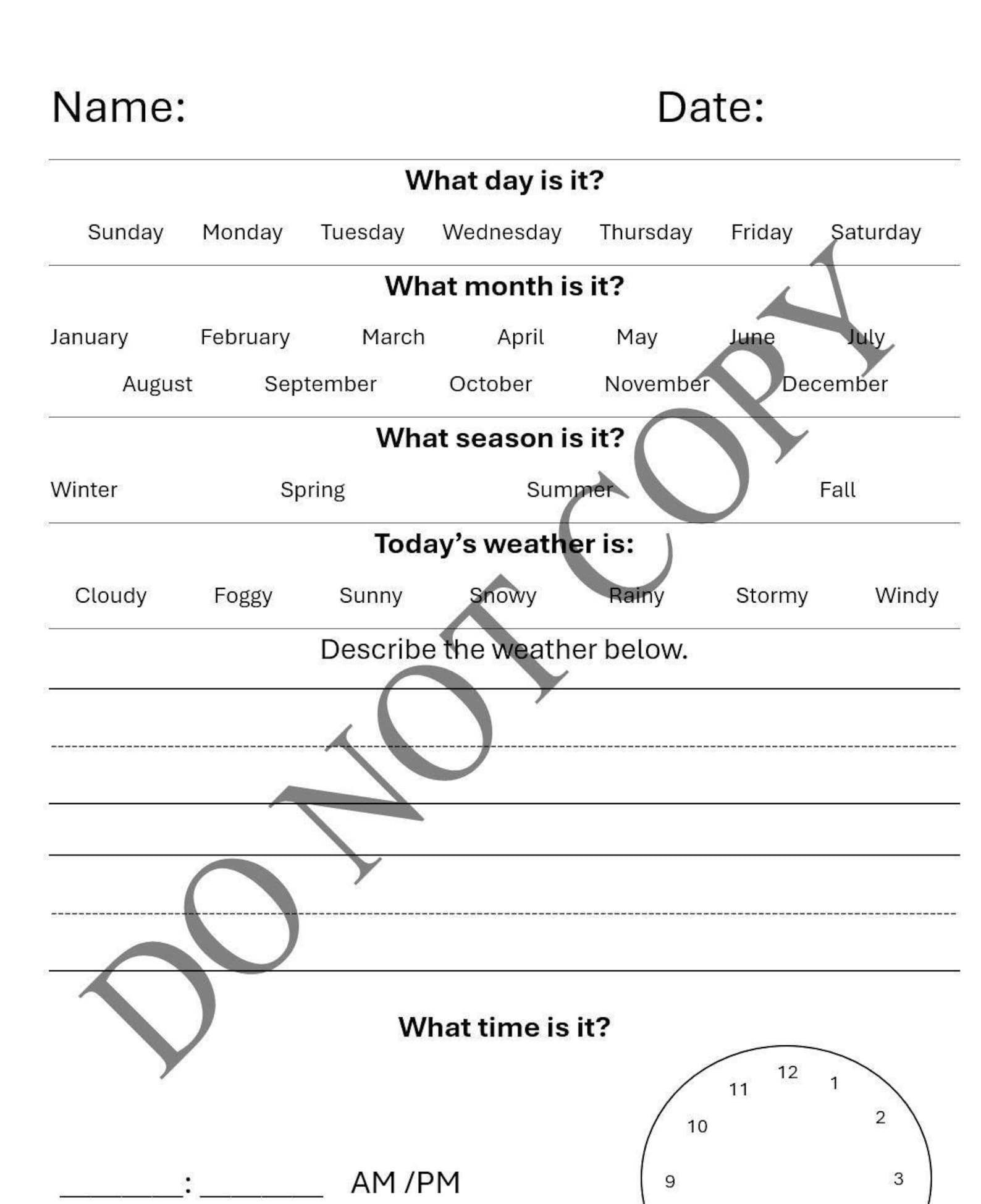 Daily Worksheet - Etsy
