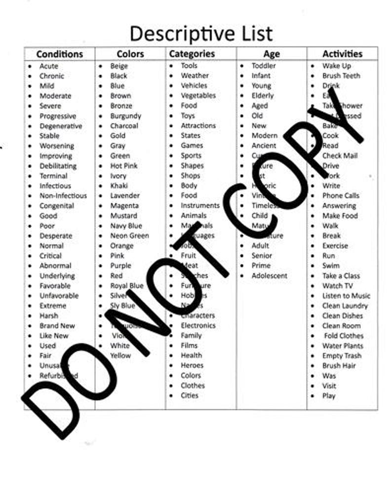 Descriptive Word List - Etsy