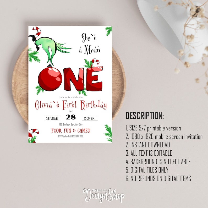 She's a Mean One First Birthday Grinch Printable Invitation He's a Mean ...