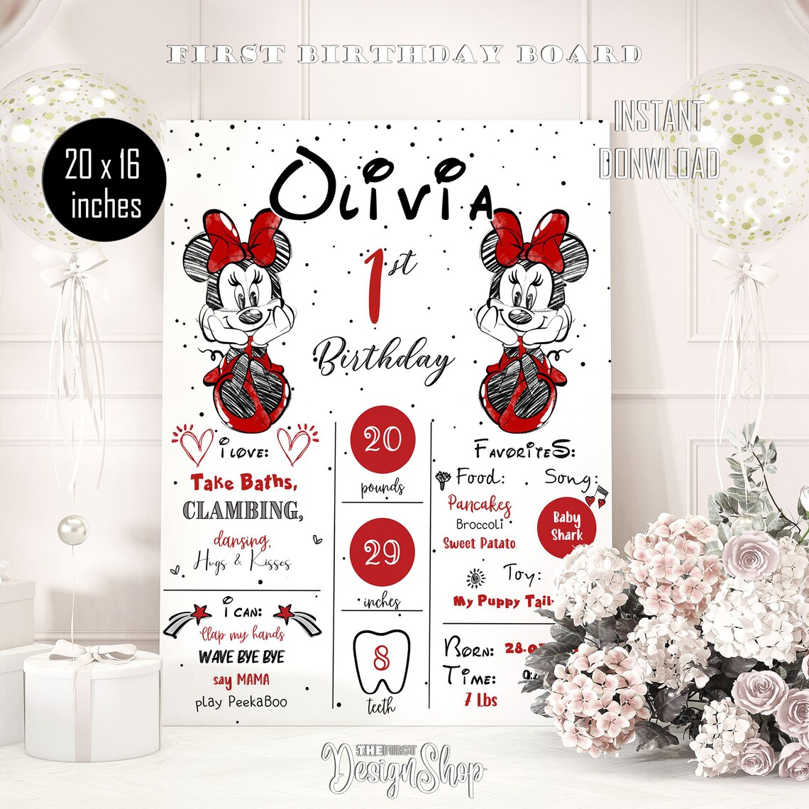 Minnie Mouse First Birthday Milestone Sign: Red Vintage Look (editable ...