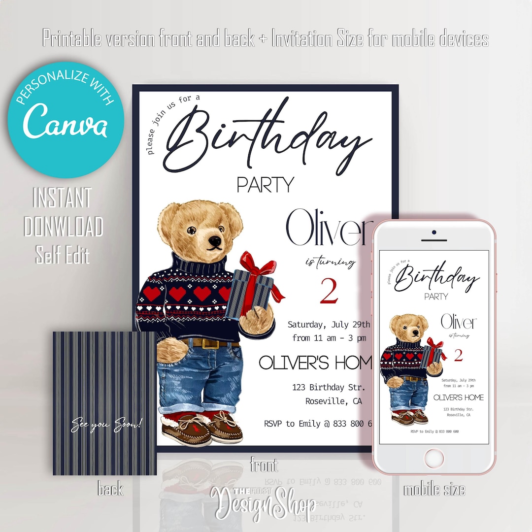 Ralph Lauren Boy Birthday Invitation | Polo Bear Boy Invite | Digital ...