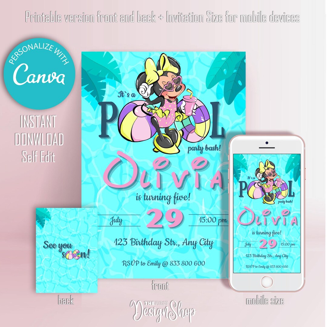 Minnie Mouse Pool Party Invitation: Editable Birthday Invite (digital ...