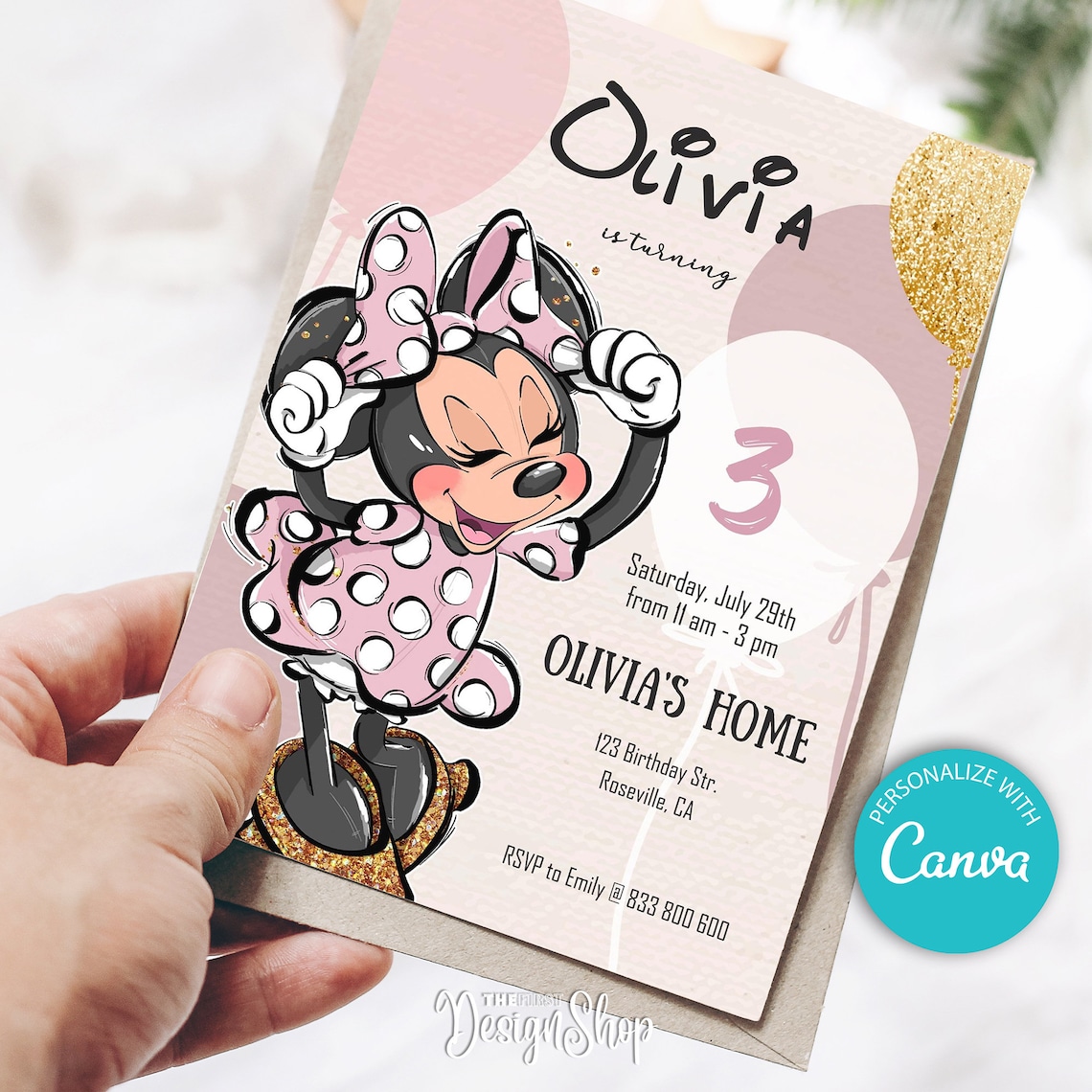 Invitación de cumpleaños de Minnie Mouse: Diseño vintage rosa y dorado ...
