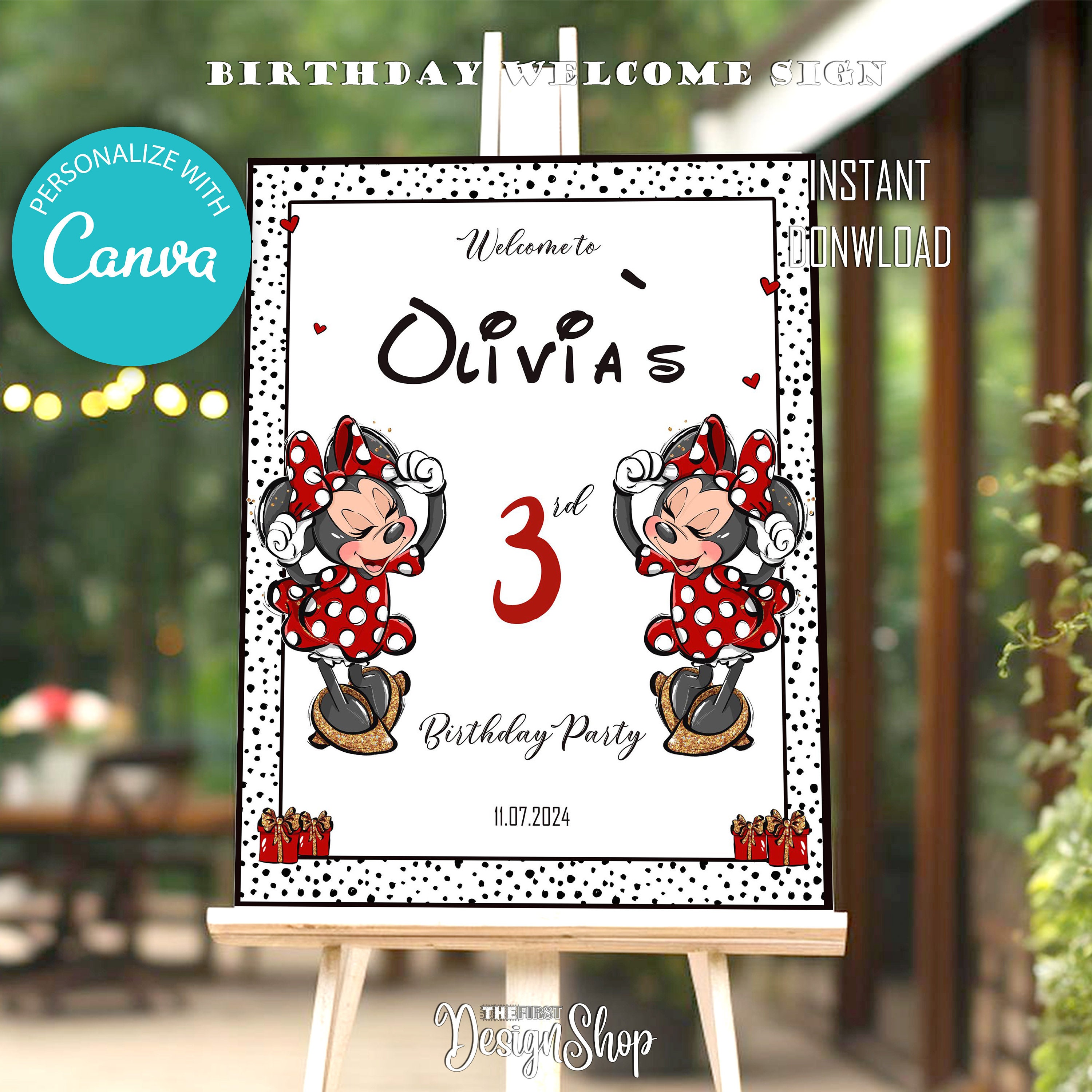 Red Minnie Mouse Birthday Welcome Sign Editable Simple Minnie Mouse ...