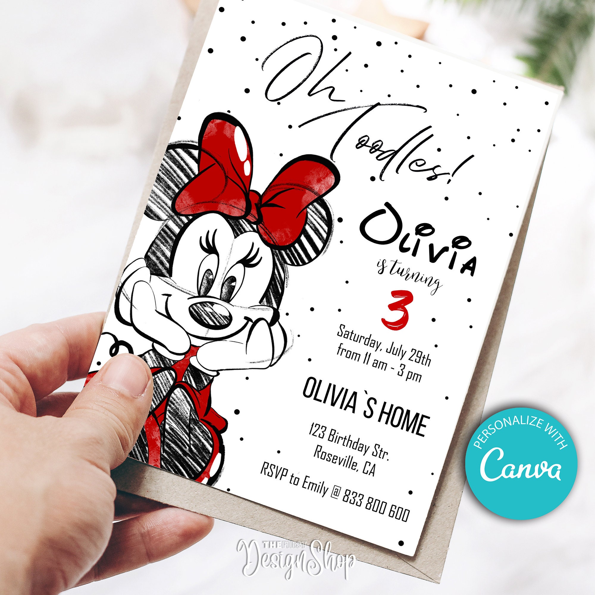 Red Minnie Mouse Birthday Invitation: Simple Sketch (digital Invitation ...