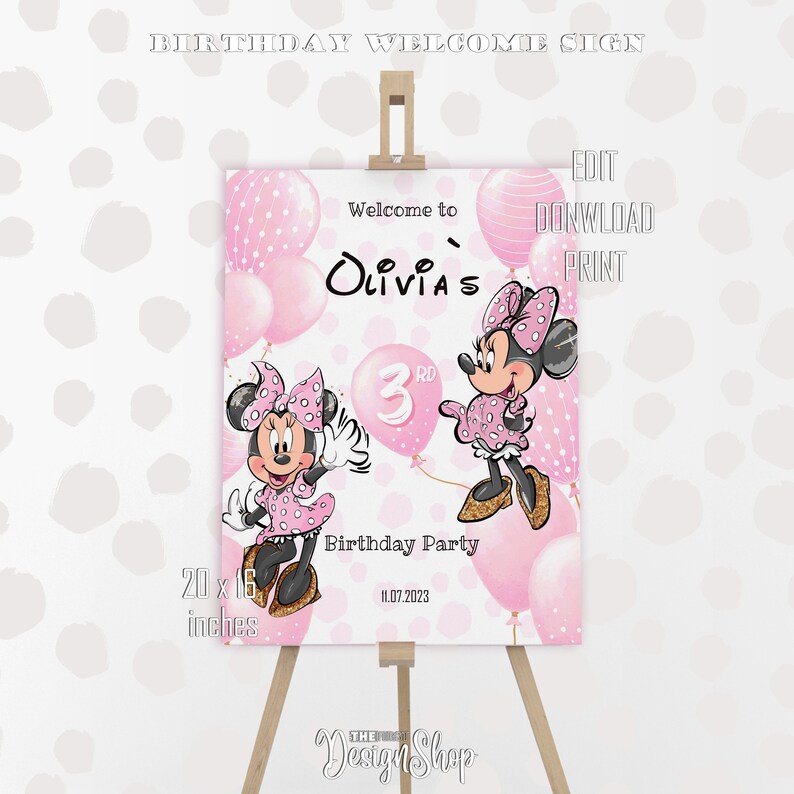 Minnie Mouse Birthday Welcome Sign Editable | Pink Balloon Minnie Mouse ...