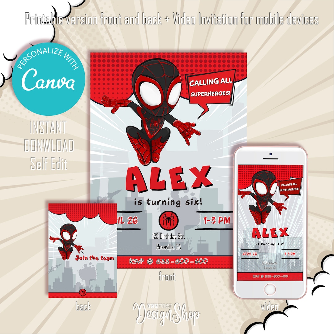 Editable Spiderman Into Multiverse Birthday Invitation Template ...