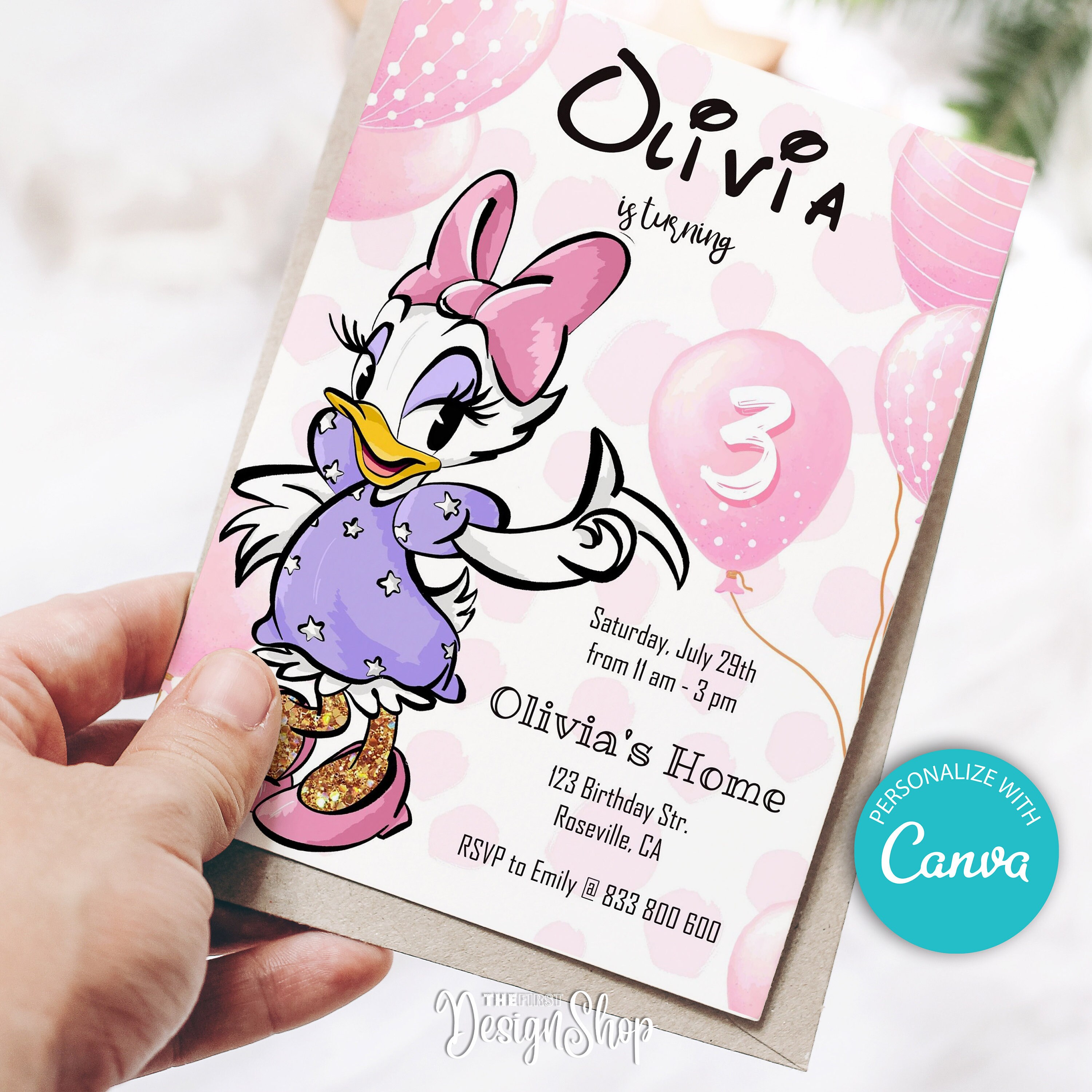 Pink Daisy Duck Birthday Invitation pink Balloons Daisy Duck - Etsy