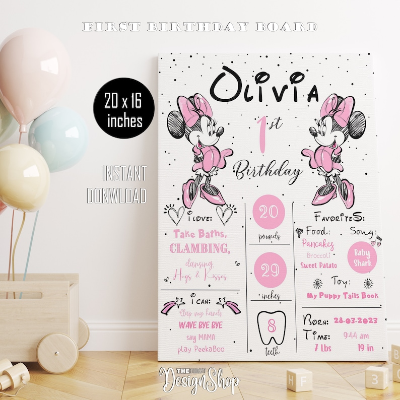 Minnie Mouse Drawing First Birthday Milestone Sign Editable Template ...