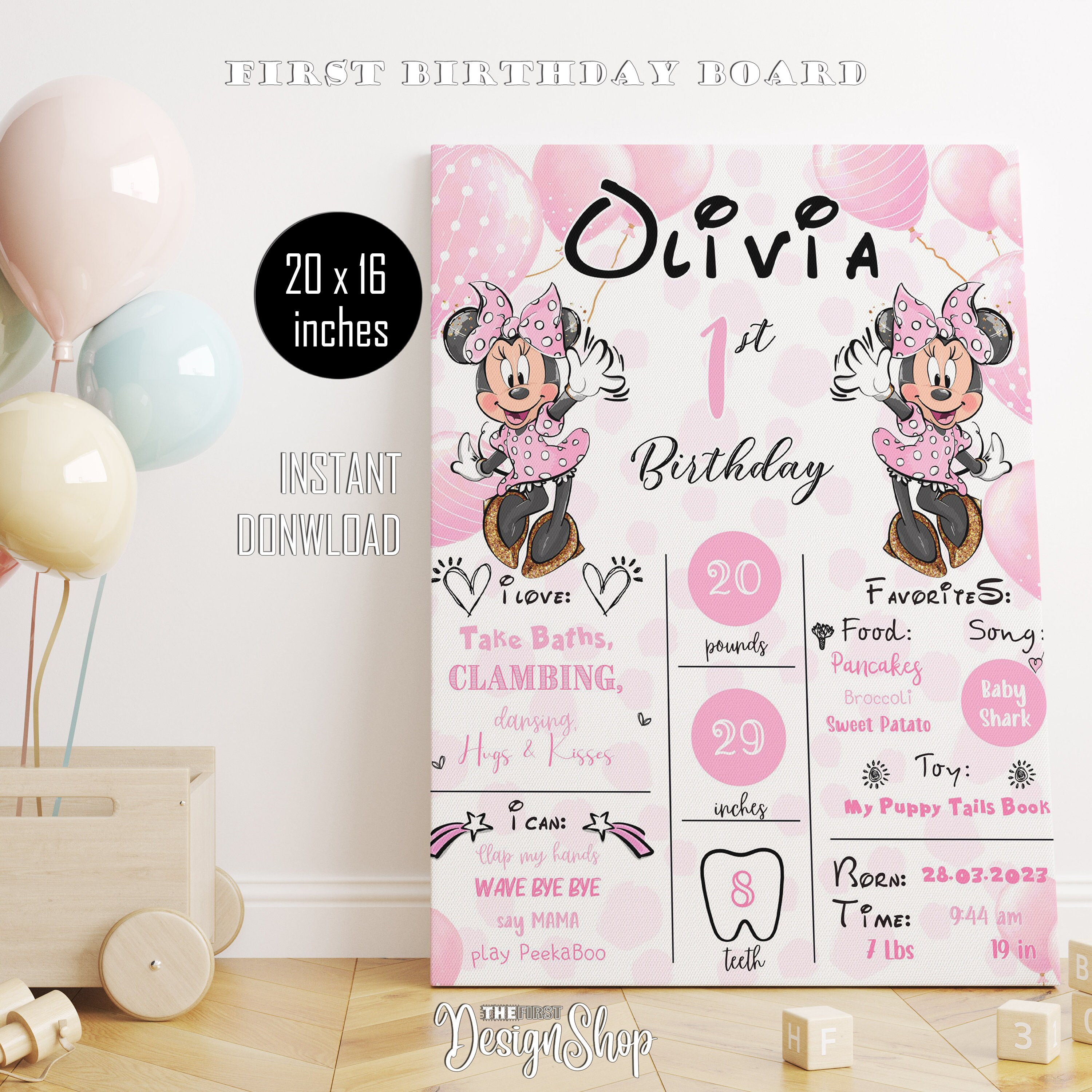 Minnie Mouse First Birthday Milestone Sign Editable Template Pink ...