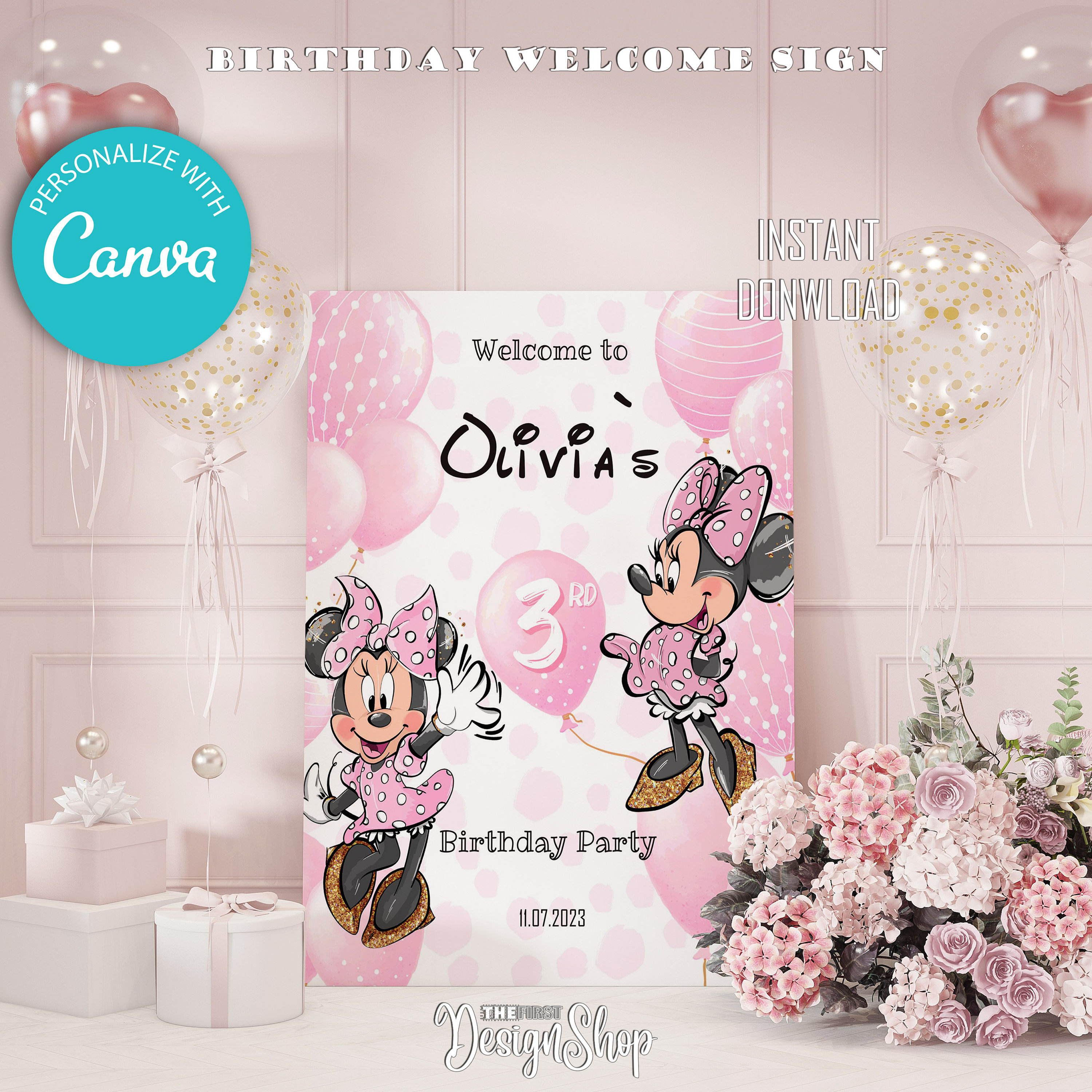 Minnie Mouse Birthday Welcome Sign Editable | Pink Balloon Minnie Mouse ...