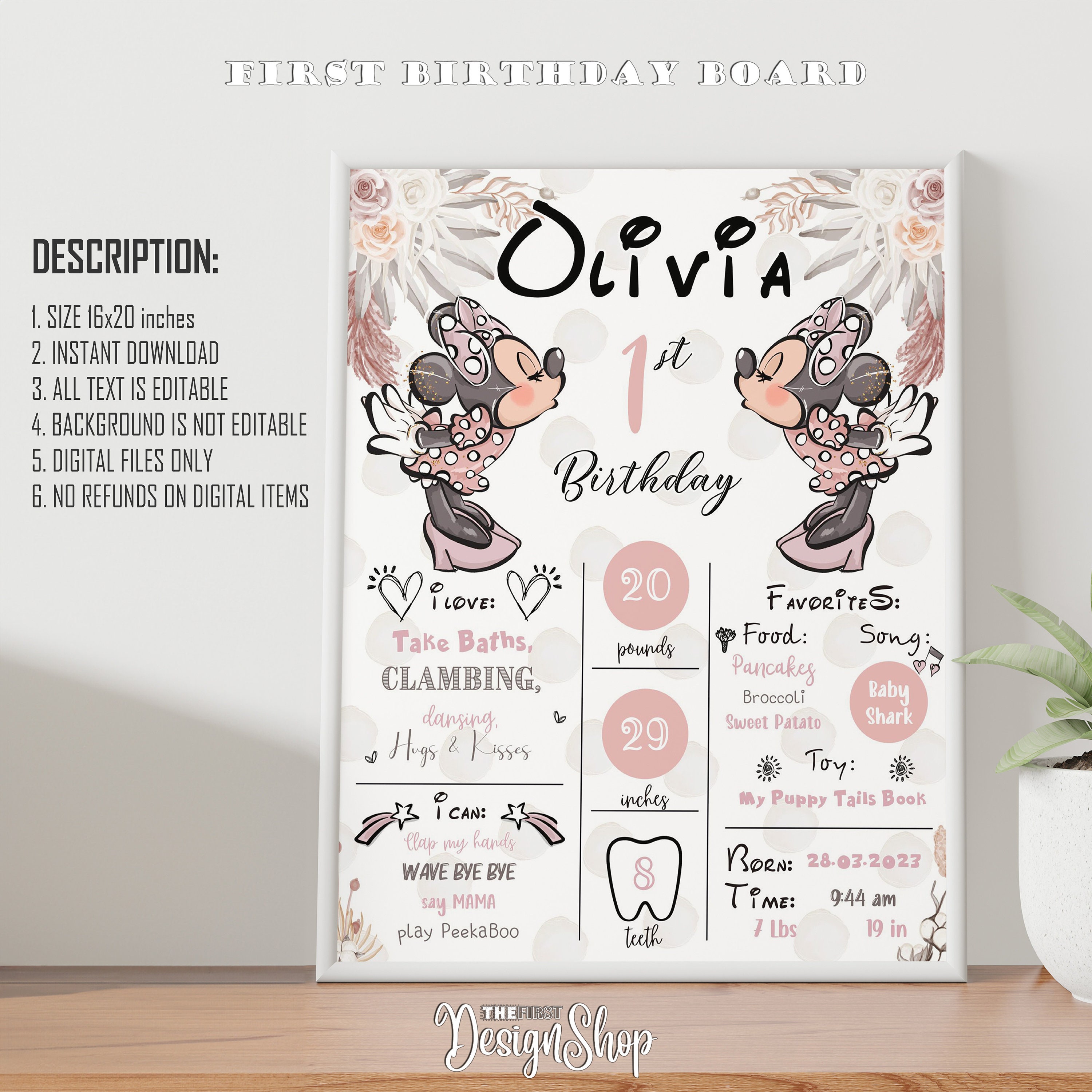 Boho Minnie Mouse First Birthday Milestone Sign Editable Template ...