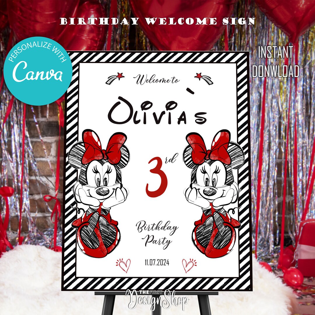 Red Minnie Mouse Birthday Welcome Sign Editable | Simple Minnie Mouse ...
