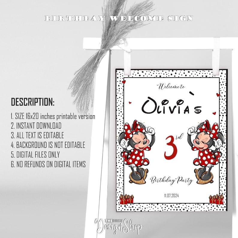 Red Minnie Mouse Birthday Welcome Sign Editable | Simple Minnie Mouse ...