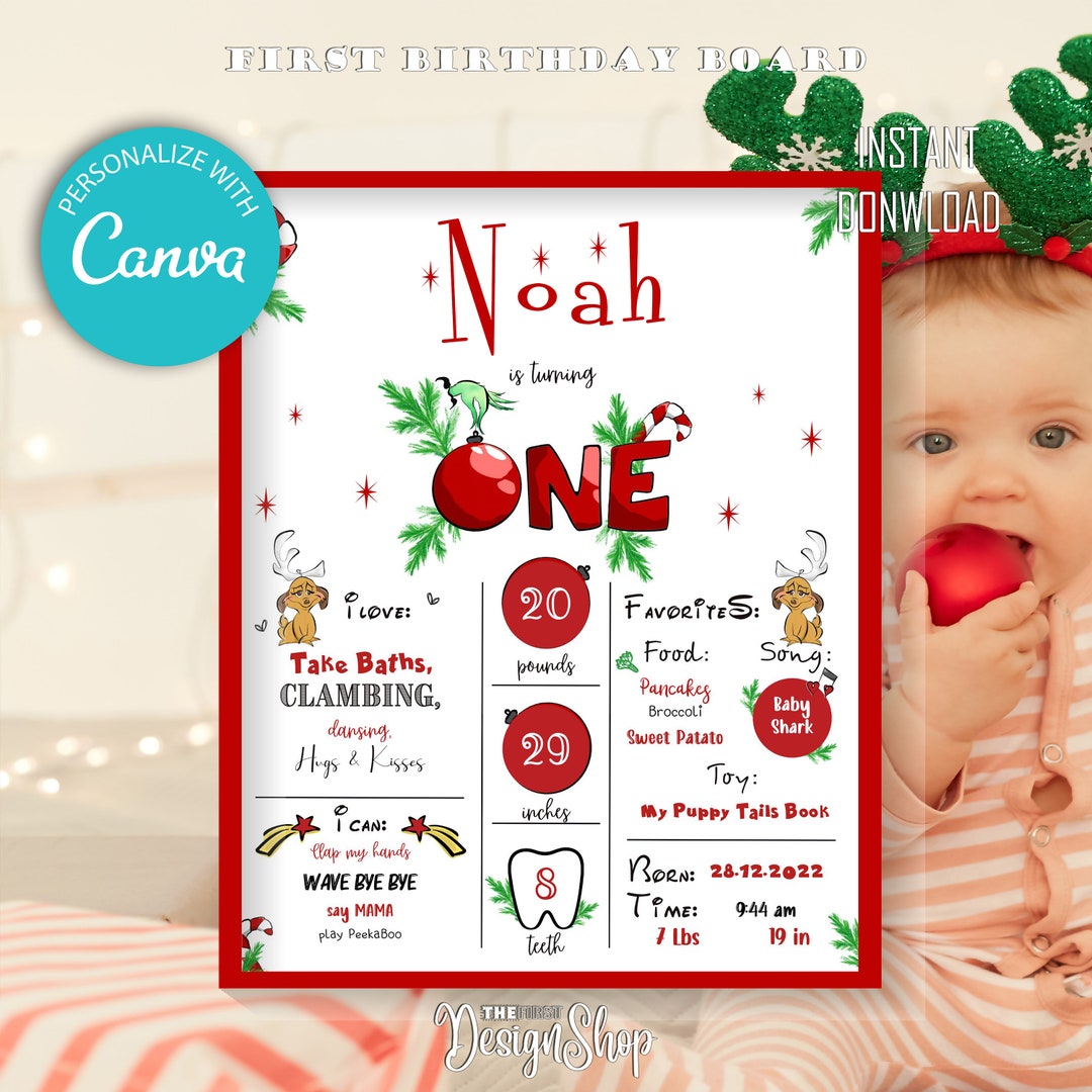 Grinch 1st Birthday Milestone Board: First Year Poster (digital ...