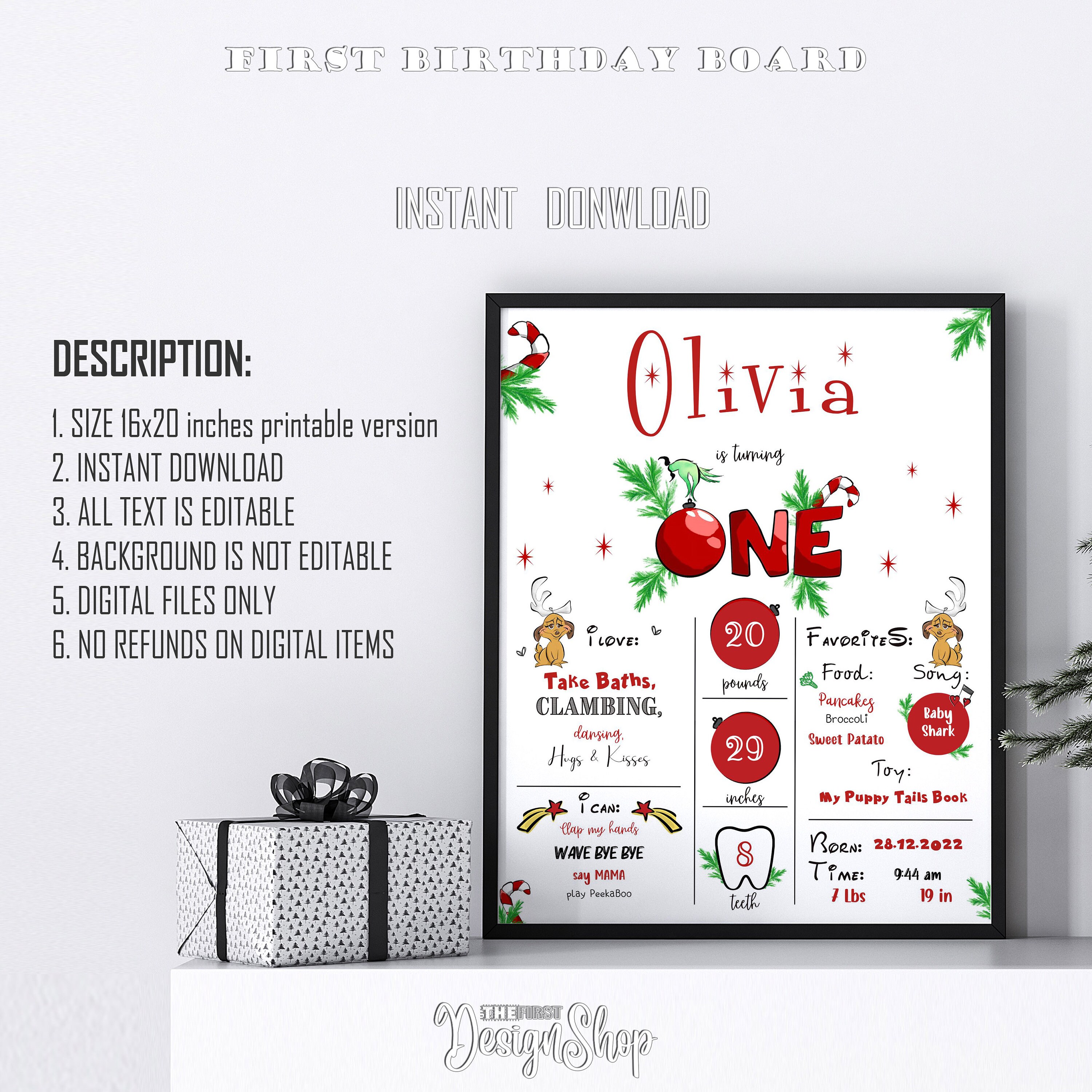 Grinch 1st Birthday Milestone Board: First Year Poster (digital ...