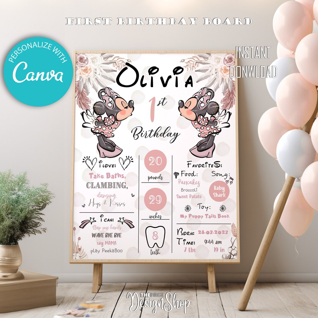 Boho Minnie Mouse First Birthday Milestone Sign: Editable Template ...