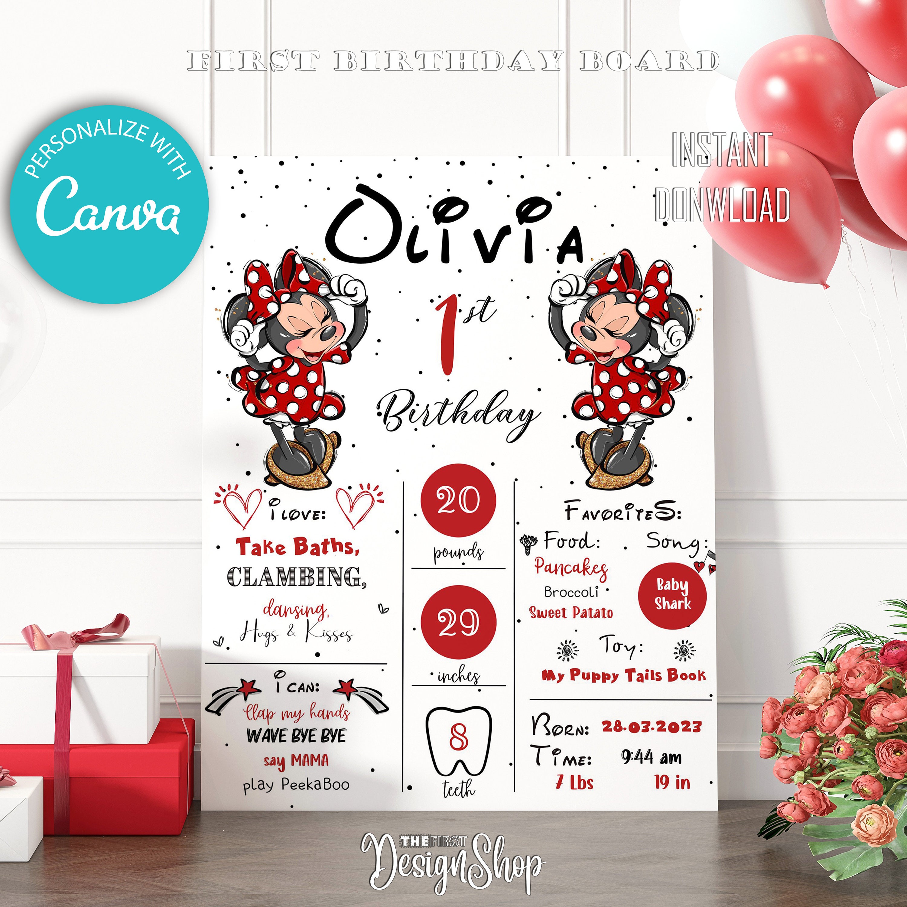 Minnie Mouse First Birthday Milestone Sign: Red Vintage Look (digital ...