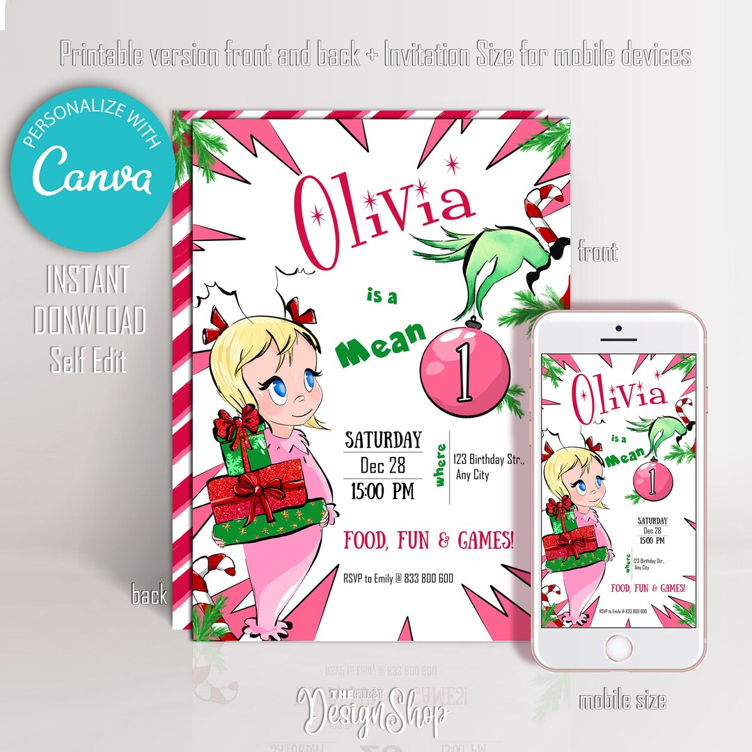 Grinch First Birthday Invitation: Girl's Printable (digital Download ...