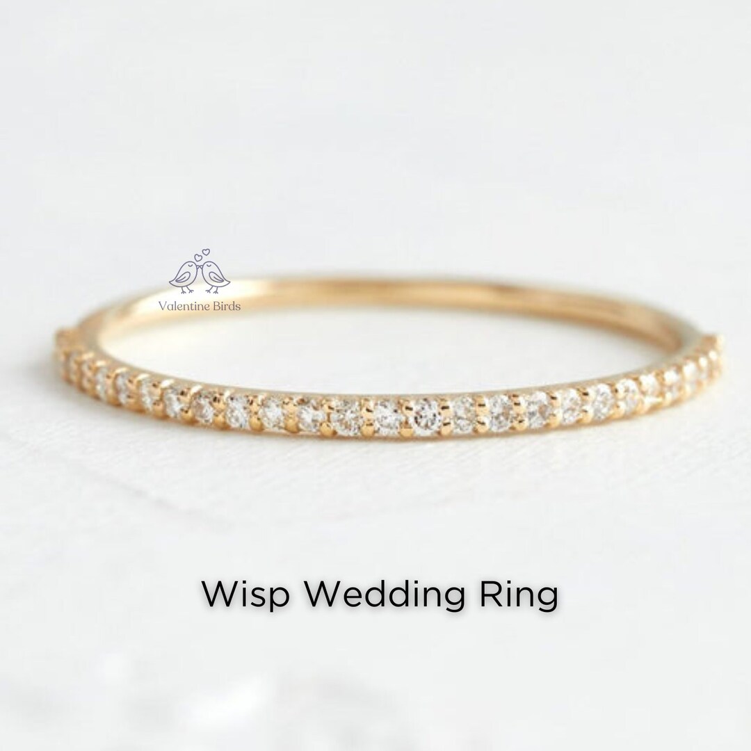 14K Solid Gold Wisp Wedding Band, Round Cut Half Eternity Pave Band ...