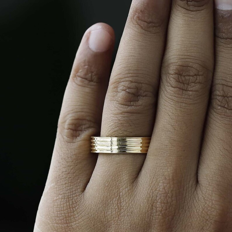 14k Gold Wedding Band 6MM Gold Multi Lined Wedding Ring for Women ...