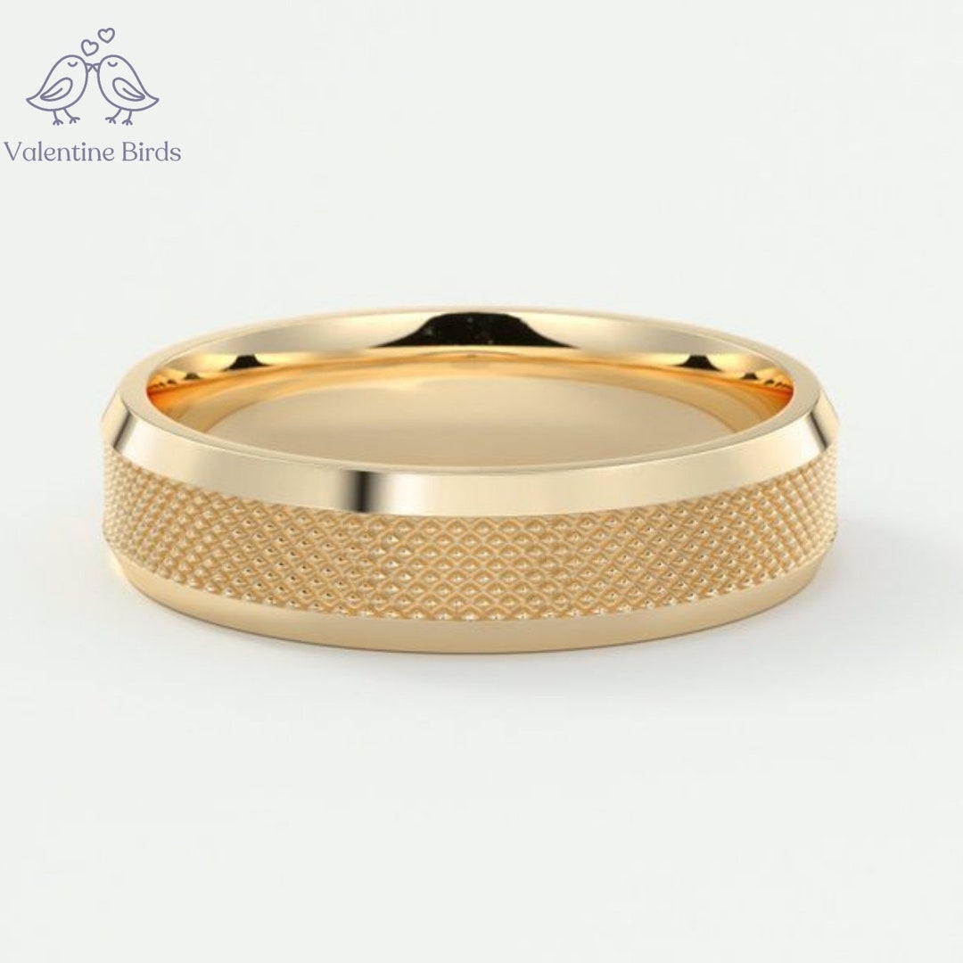 14K Gold Knurled Bevel Band, Yellow Gold Textured Band, Dome Style Band ...