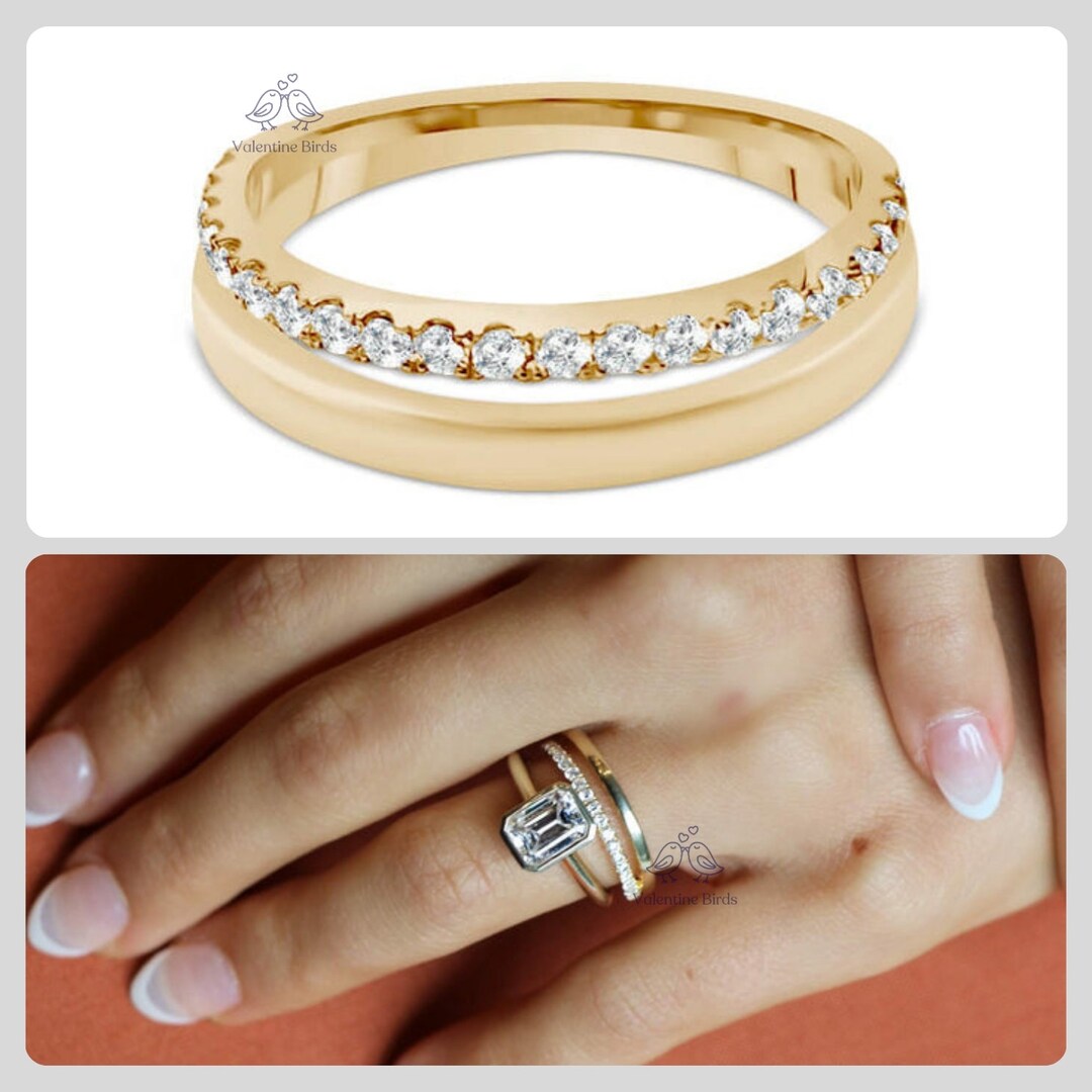Connected Double Band, 18k Solid Gold Round Pave Statement Ring, Two ...