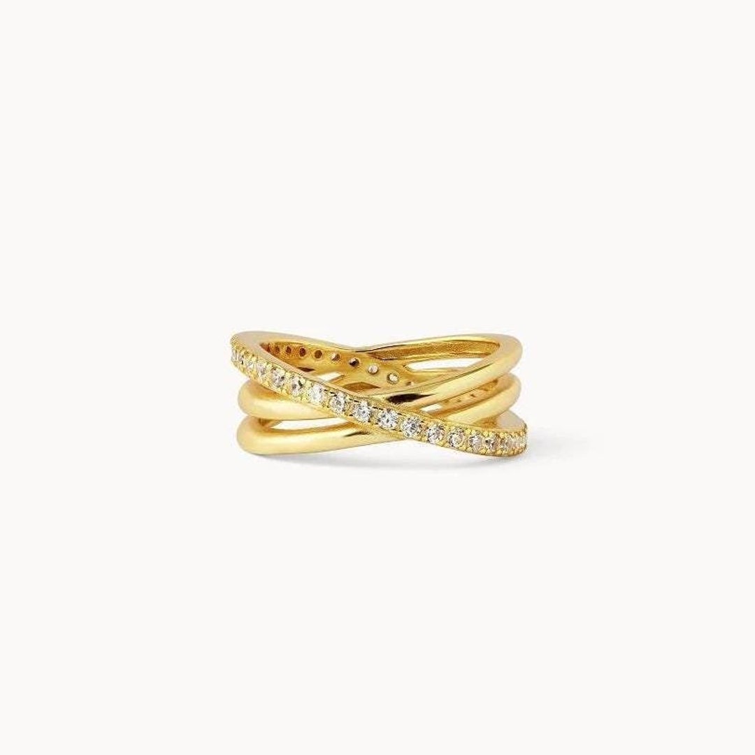 18K Gold Criss Cross Statement Ring, Three Row Crossover Band, Dainty ...