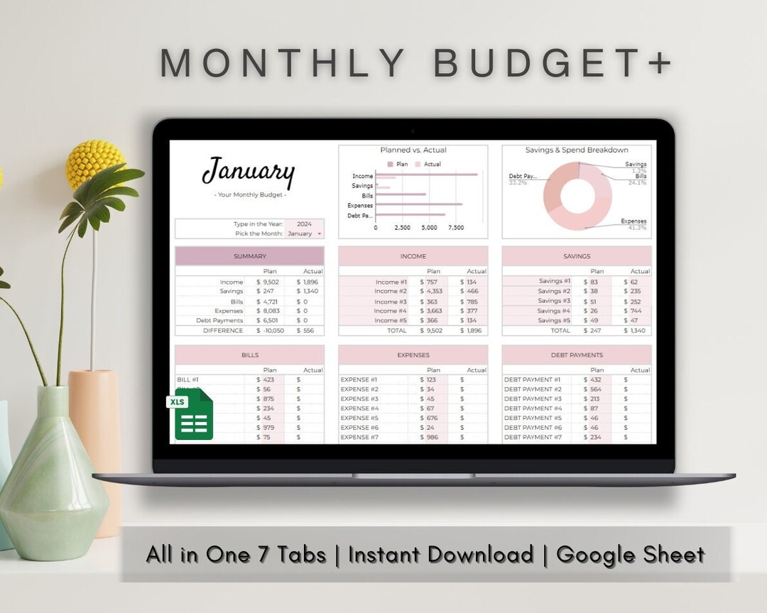 Monthly Budget Plus Spreadsheet, Personal Finances Excel, All-in-one ...