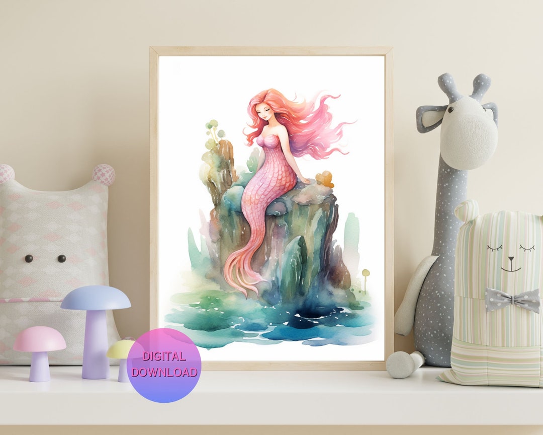 Nursery Wall Art: Mermaid in a Sea in Light Pastel Tones, Watercolor ...