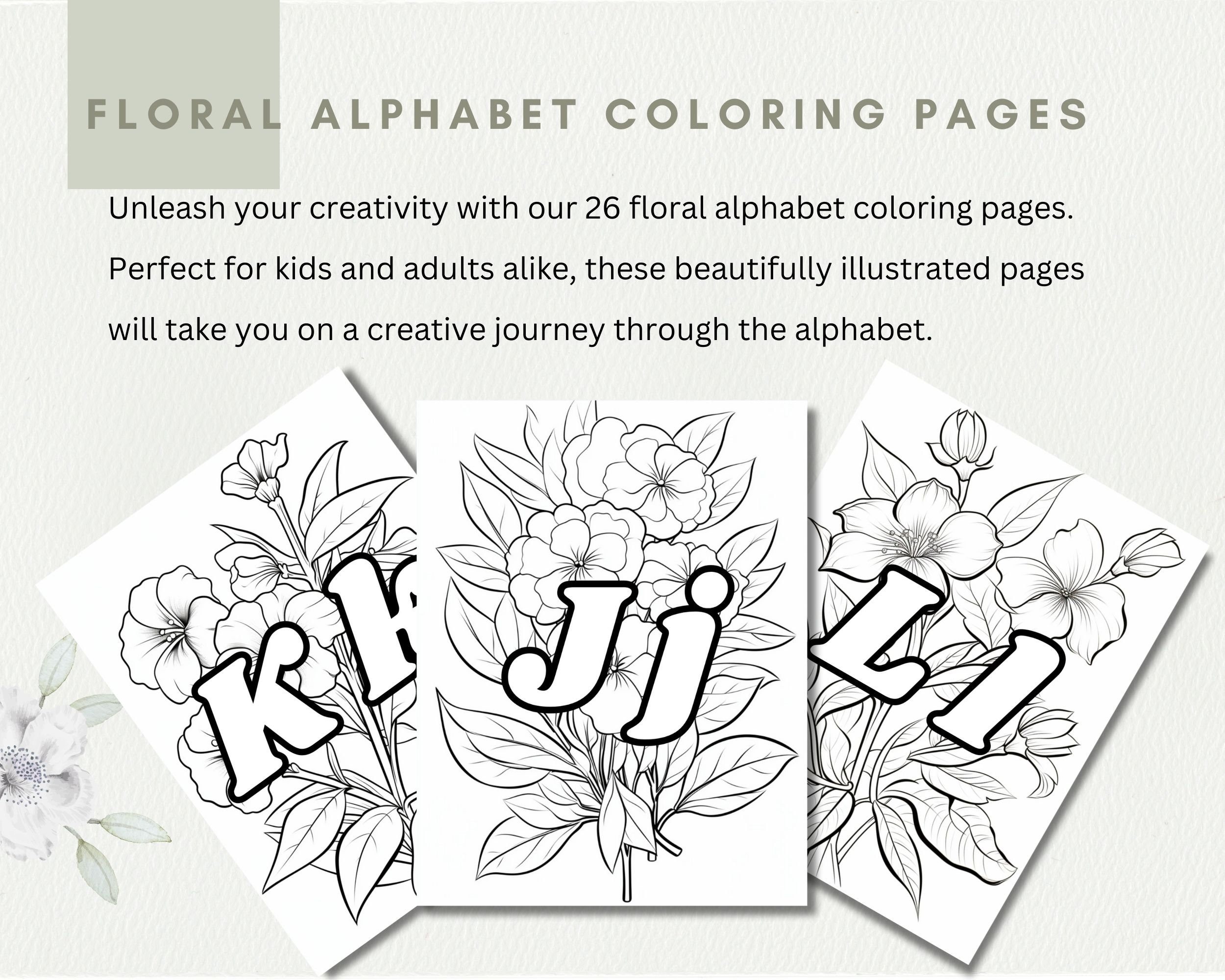 Floral Alphabet 26 Coloring Pages, PDF Printable Activities, Teach and ...
