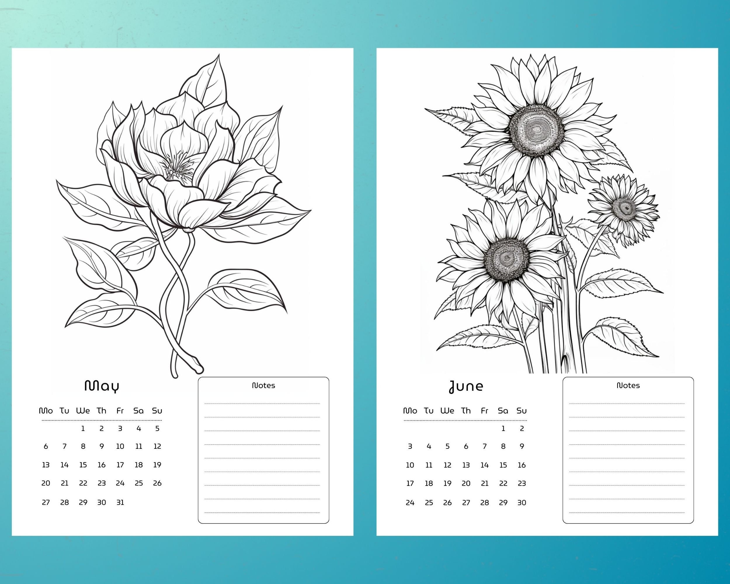 Flower Coloring Calendar 2024 Printable A4 210mm X 297mm PDF File and ...