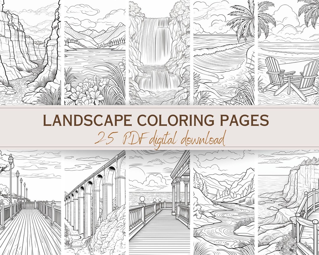 25 Landscape Coloring Pages for Kids and Adults | Printable 8,5''x11 ...