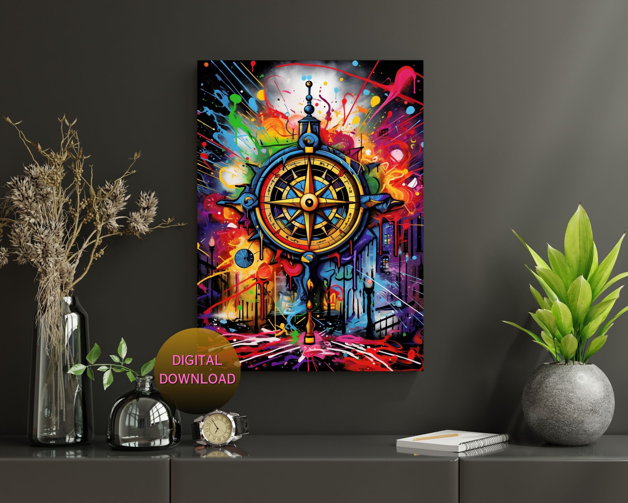 Compass Drawing Graffiti Printable Wall Art, Colorful Wall Décor ...