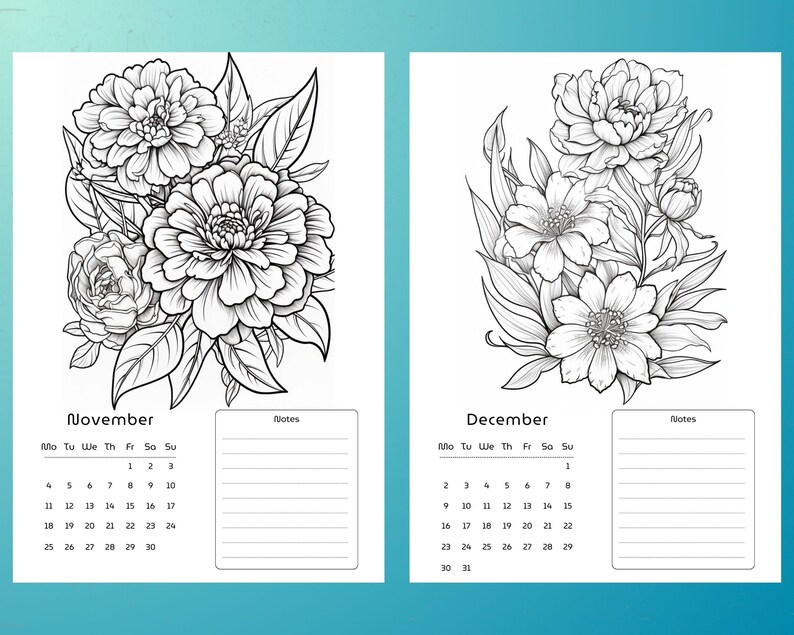 Flower Coloring Calendar 2024 Printable A4 210mm X 297mm PDF File and ...