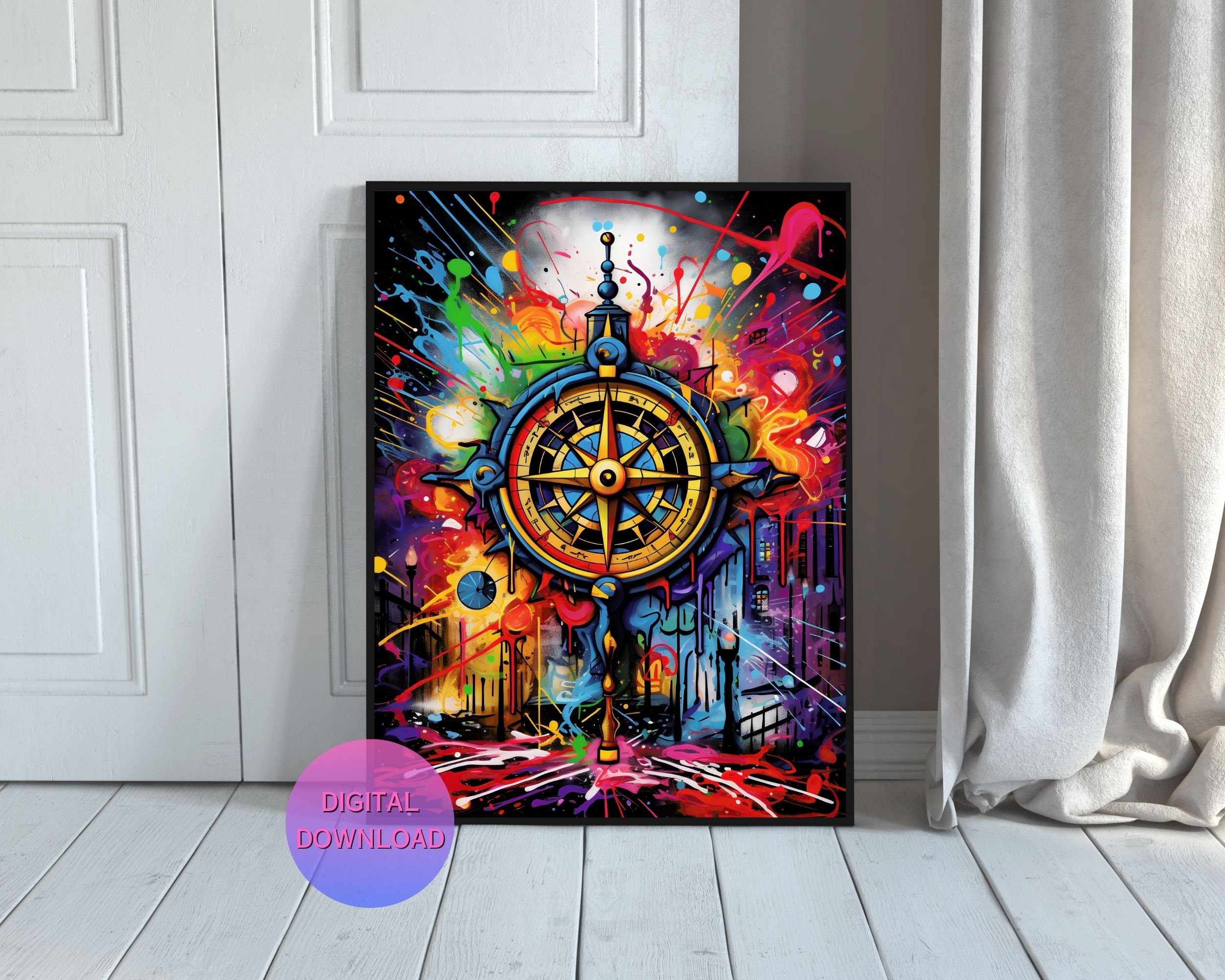 Compass Drawing Graffiti Printable Wall Art, Colorful Wall Décor ...