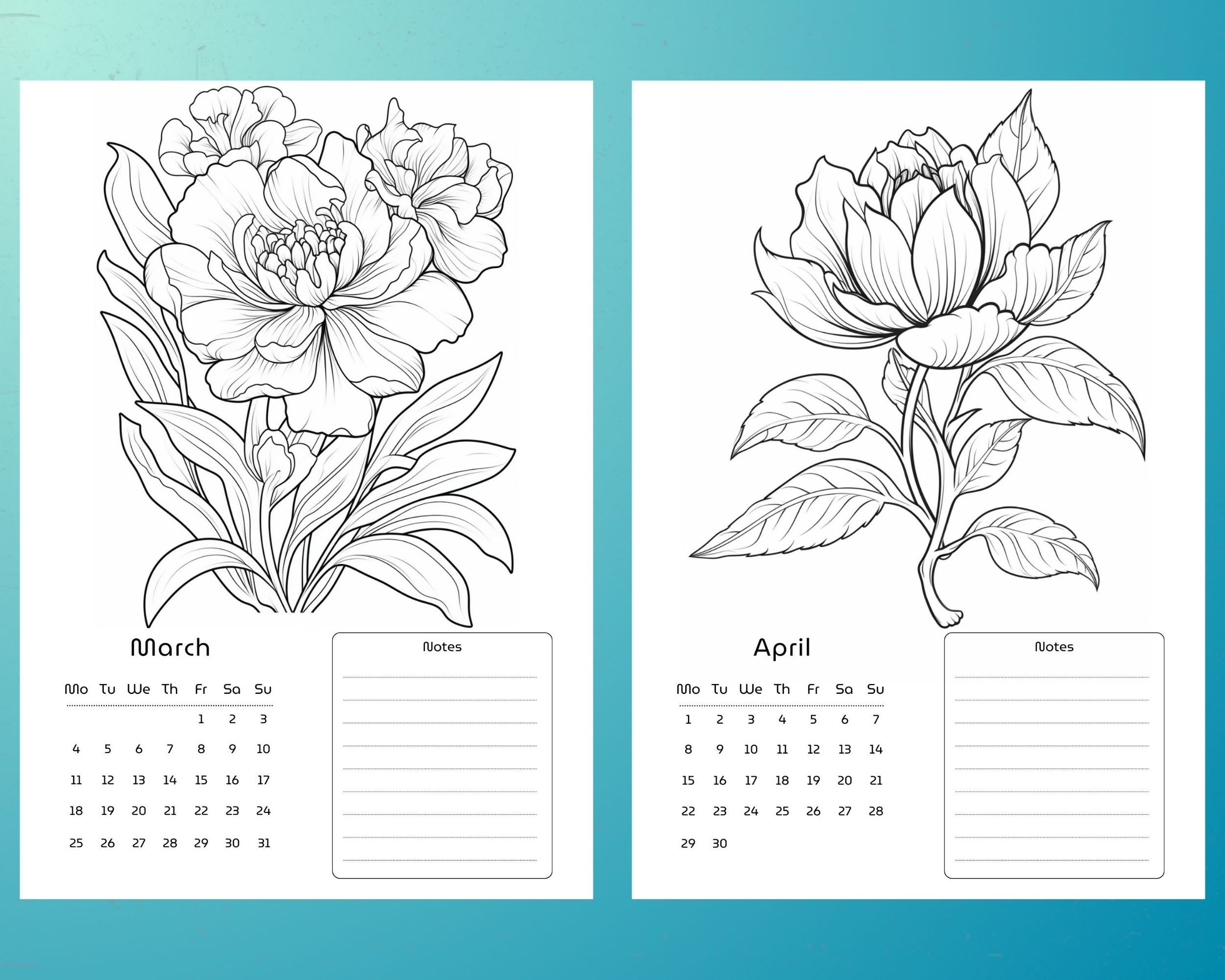 Flower Coloring Calendar 2024 Printable A4 210mm X 297mm PDF File and ...