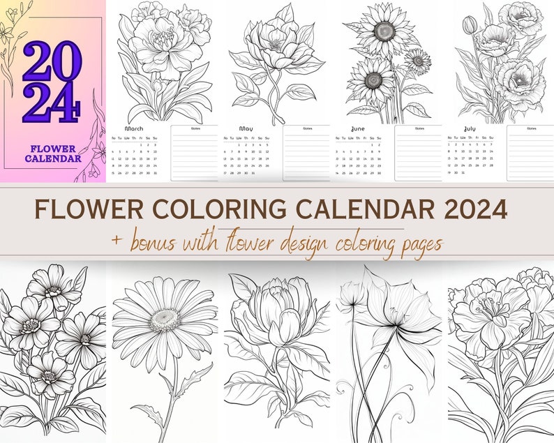 Flower Coloring Calendar 2024 Printable A4 210mm X 297mm PDF File and ...