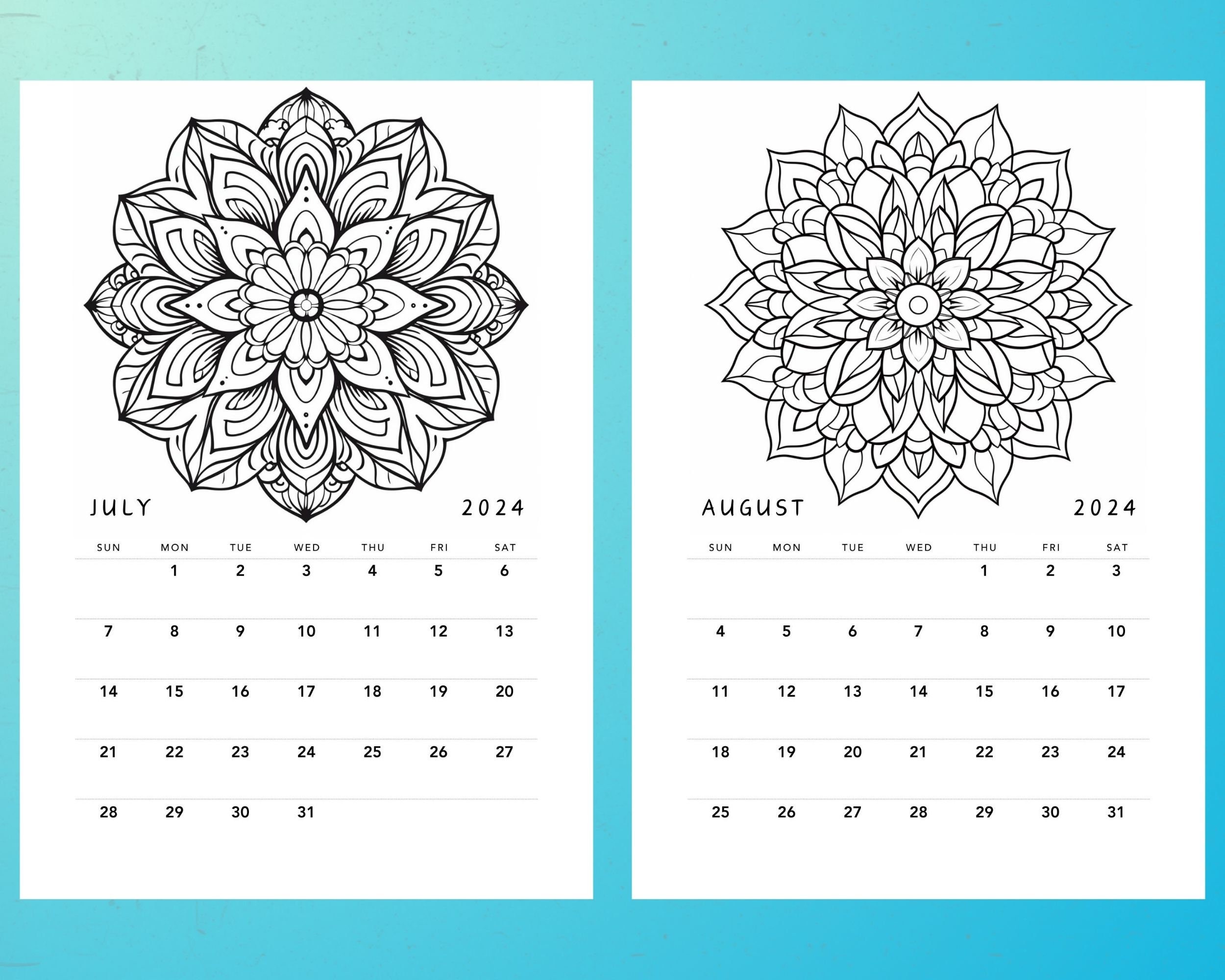 Full Mandala Coloring Calendar 2024 Printable 8.5''x11'' and 5.8''x8.3 ...