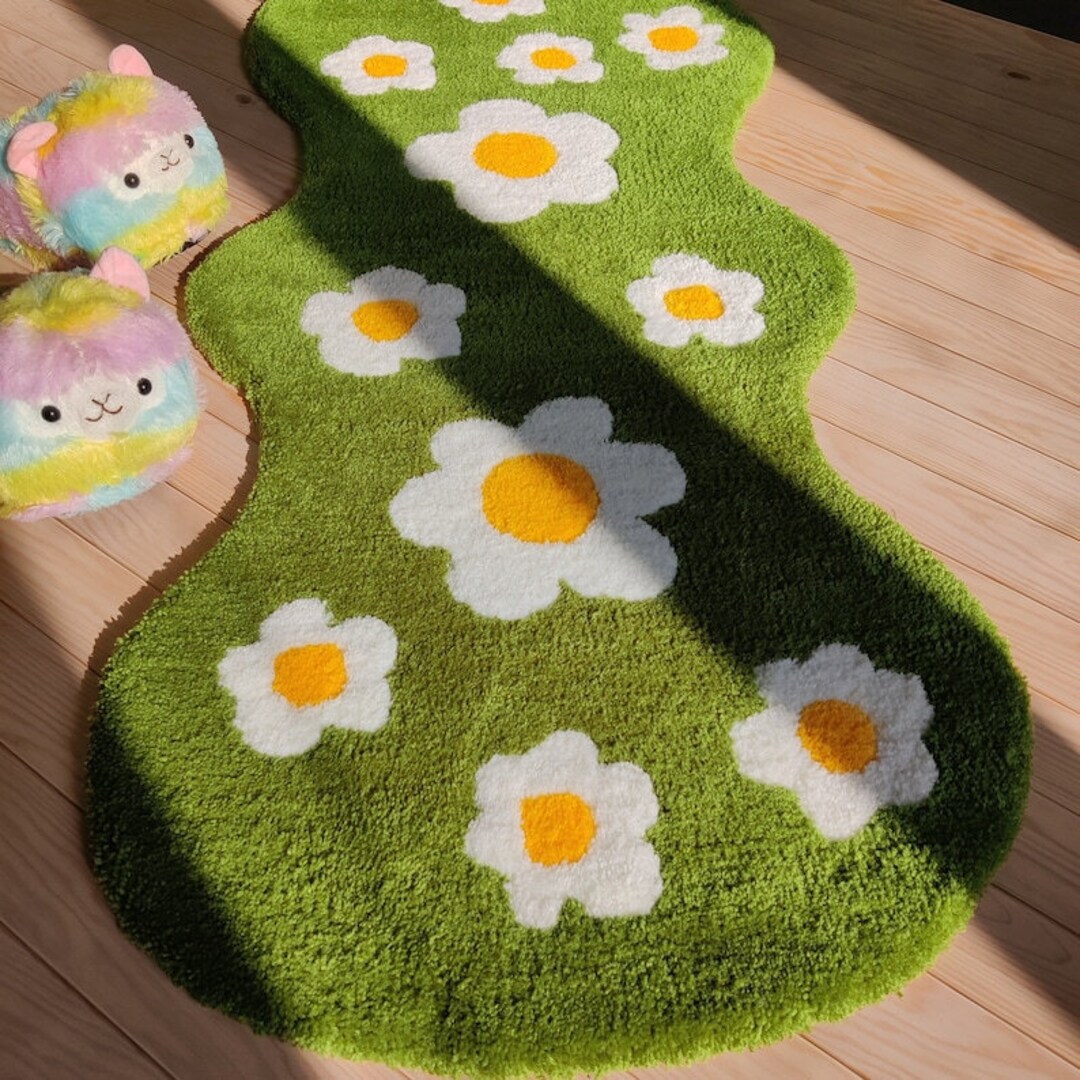 Daisy Flowers Rug Runner Green Meadow With Daisies Hand Tufted Rug Wavy ...