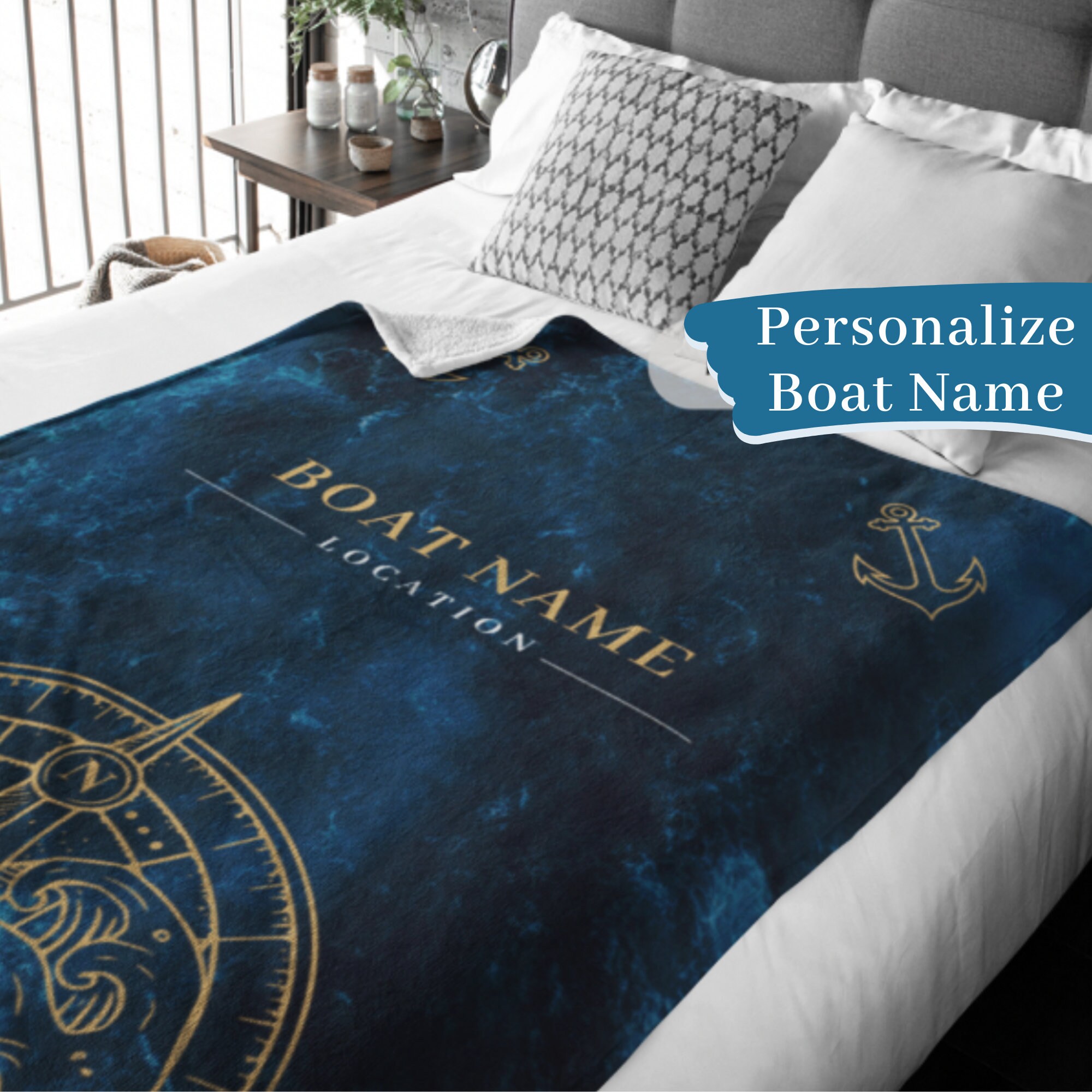 Custom Compass Plush Blanket, Personalized Anchor Boat Throw Blanket ...