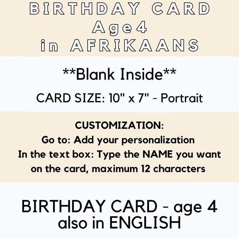 Birthday Card, Age 4, Afrikaans, Blank Inside, 10x7, Name ...