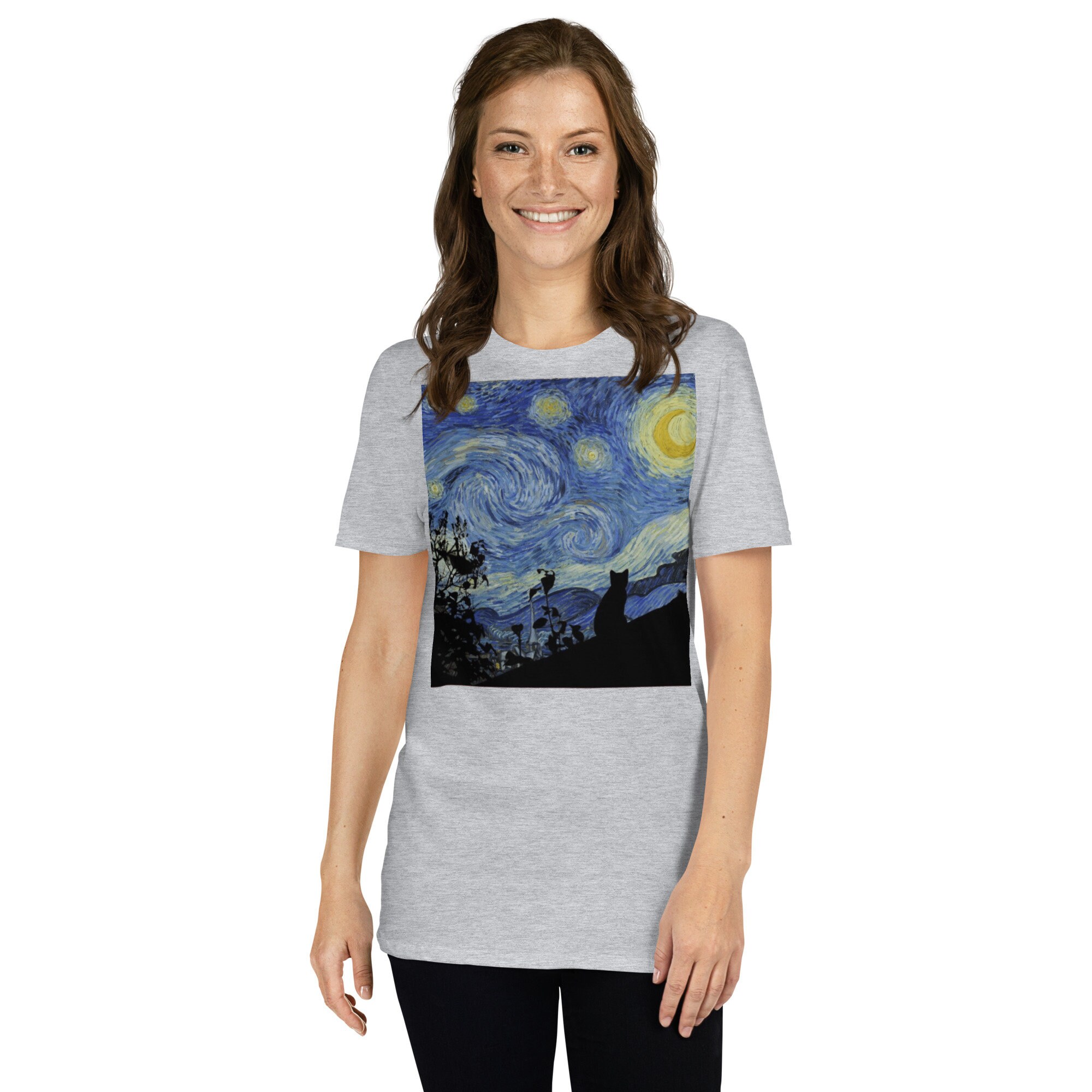 Van Gogh Starry Night Cat T-shirt Cat Silhouette Hill Tshirt Cat Owner ...
