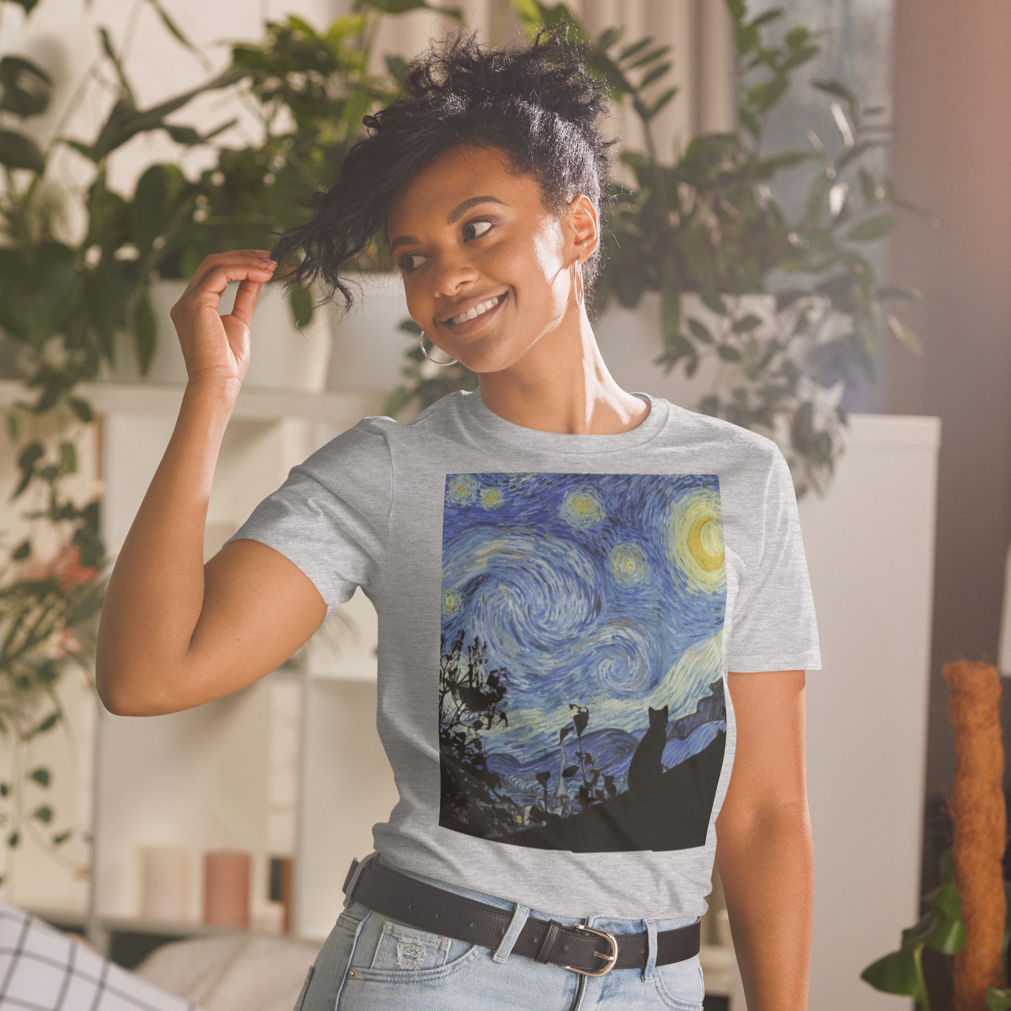 Van Gogh Starry Night Cat T-shirt Cat Silhouette Hill Tshirt Cat Owner ...