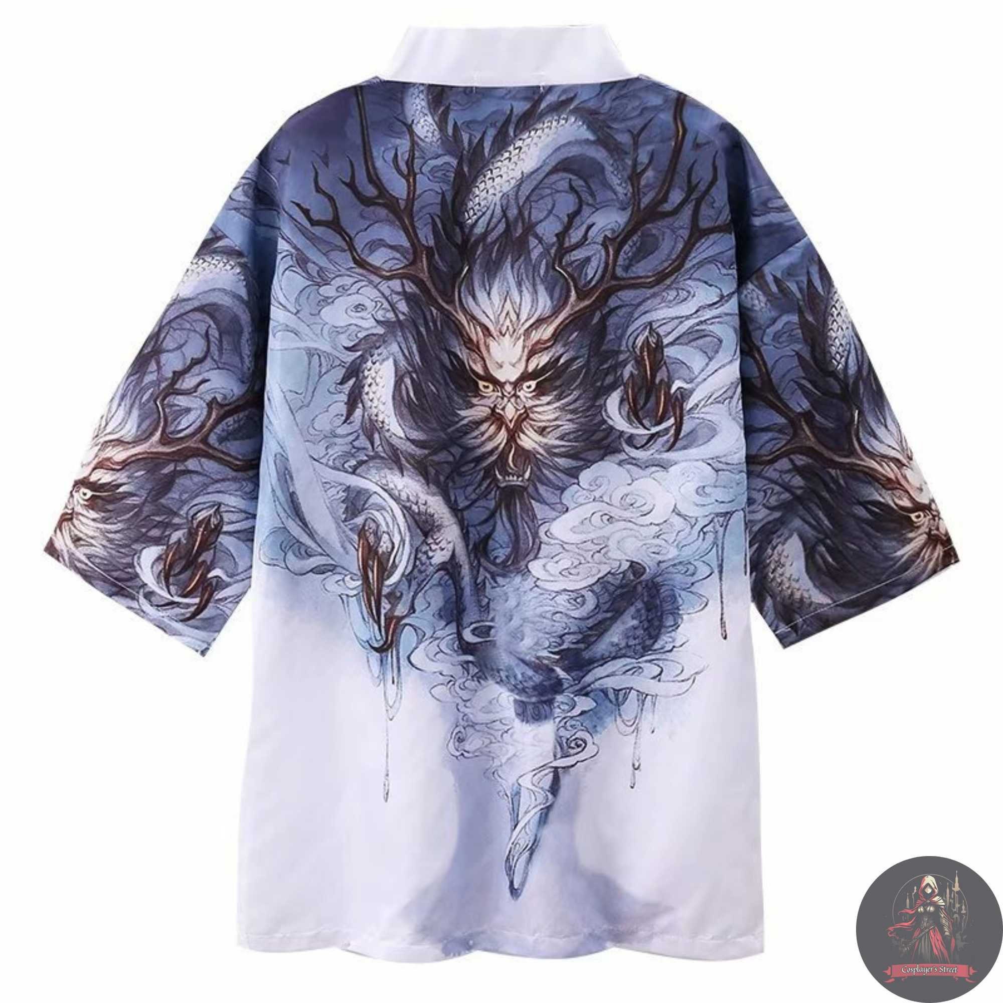Streetwear Men's Haori Kimono Jacket, Flying Dragon Print Robe, Loose ...