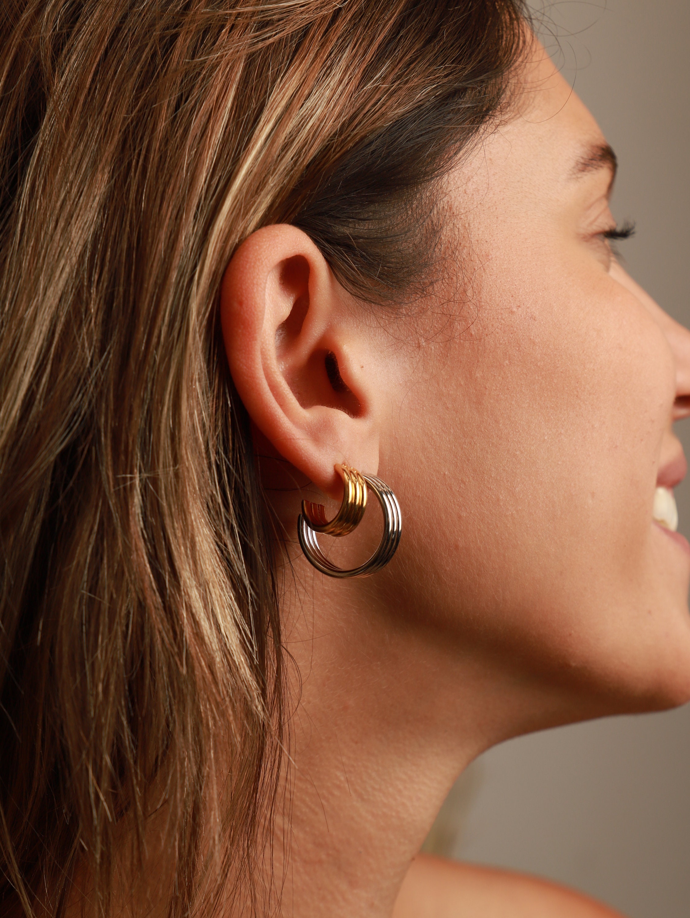 Triple Chic Hoop Earrings 18K Gold Platedstainless - Etsy