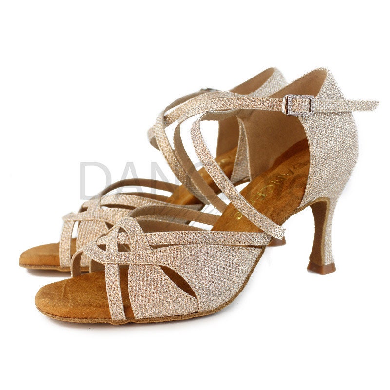 Glitter Latin Dance Shoes: Beige Salsa Bachata Prom Shoes (7.5cm Heel ...