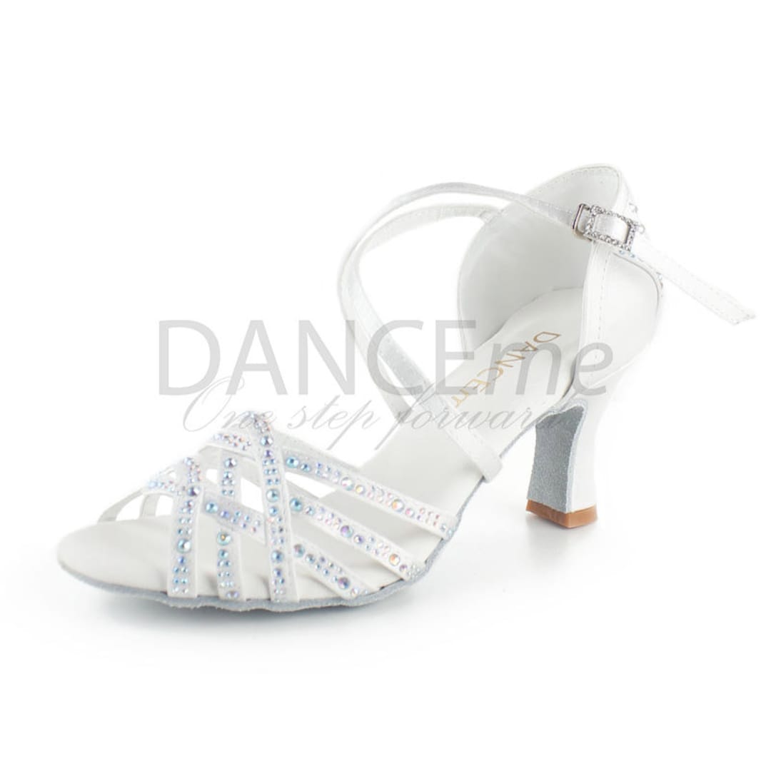 White Satin Latin Dance Shoes for Women | Rhinestone Latin Dance Shoes ...
